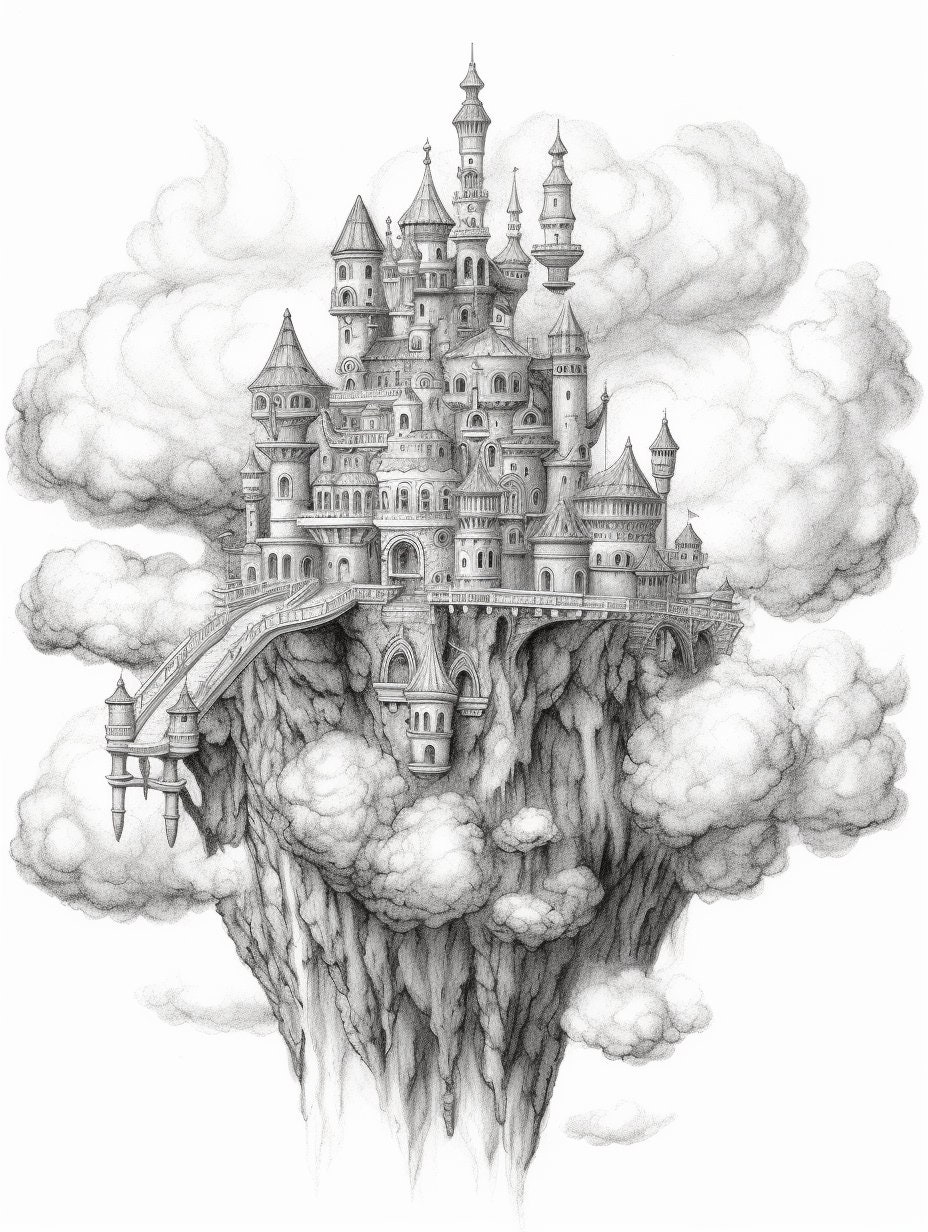 Floating Castles Coloring Book for Adults and Kids, Grayscale Coloring ...