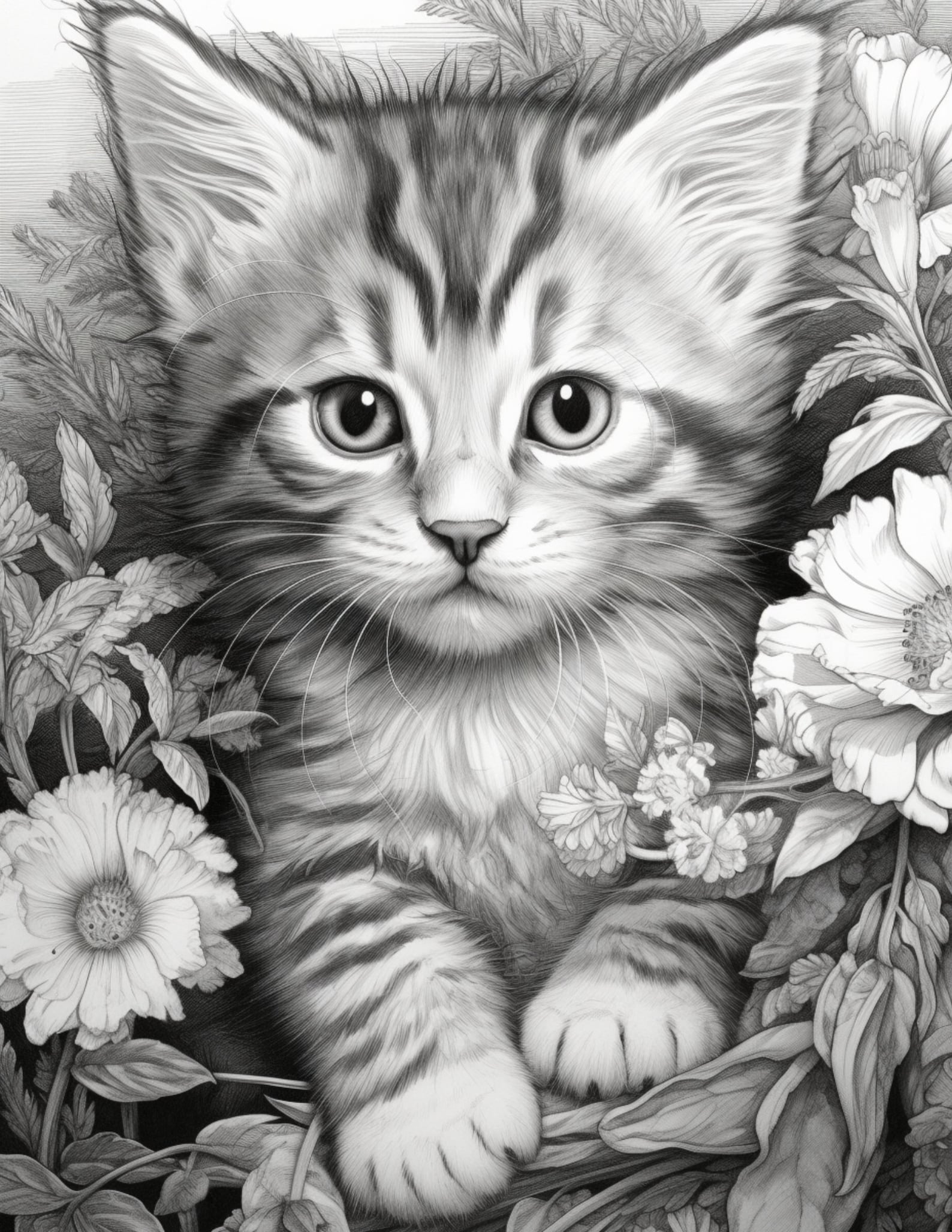 24 Cute Flower Cat Coloring Book, Adults Kids Coloring Pages, Instant ...