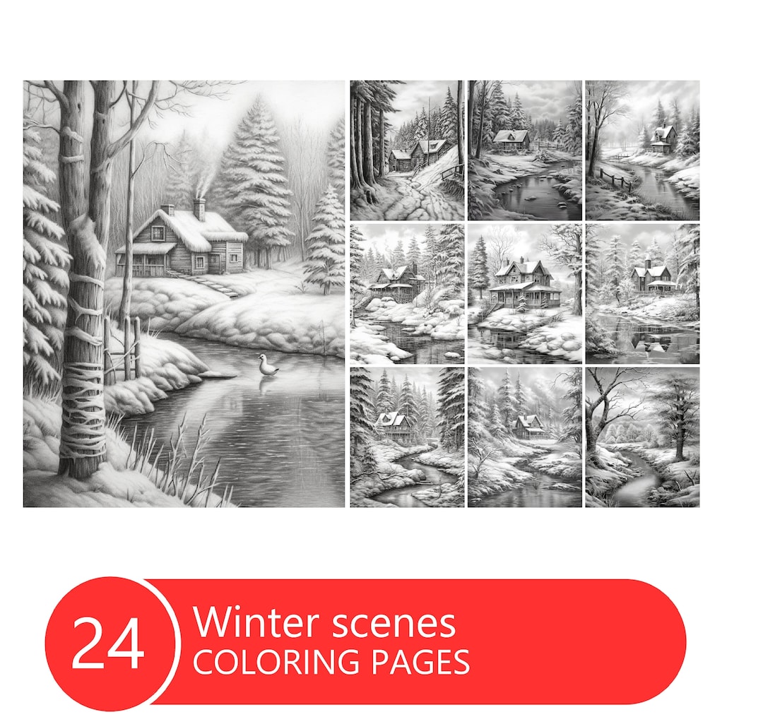 Winter Scenes Coloring Book for Adults and Kids, Grayscale Coloring ...