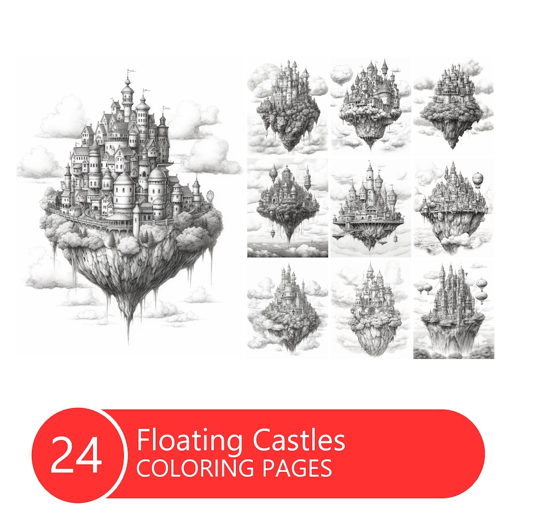 Floating Castles Coloring Book for Adults and Kids, Grayscale Coloring ...