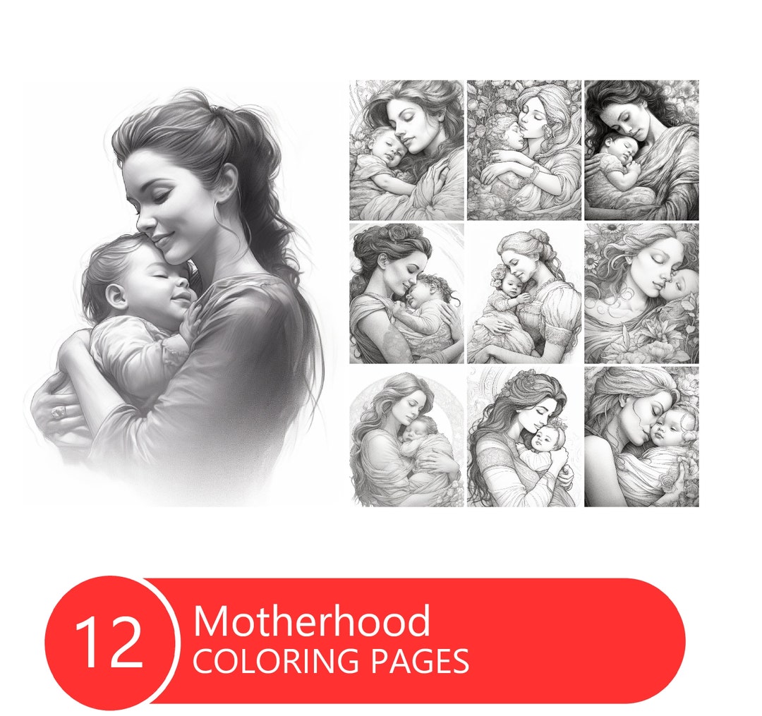 Motherhood Coloring Book for Adults and Kids, Grayscale Coloring Pages ...
