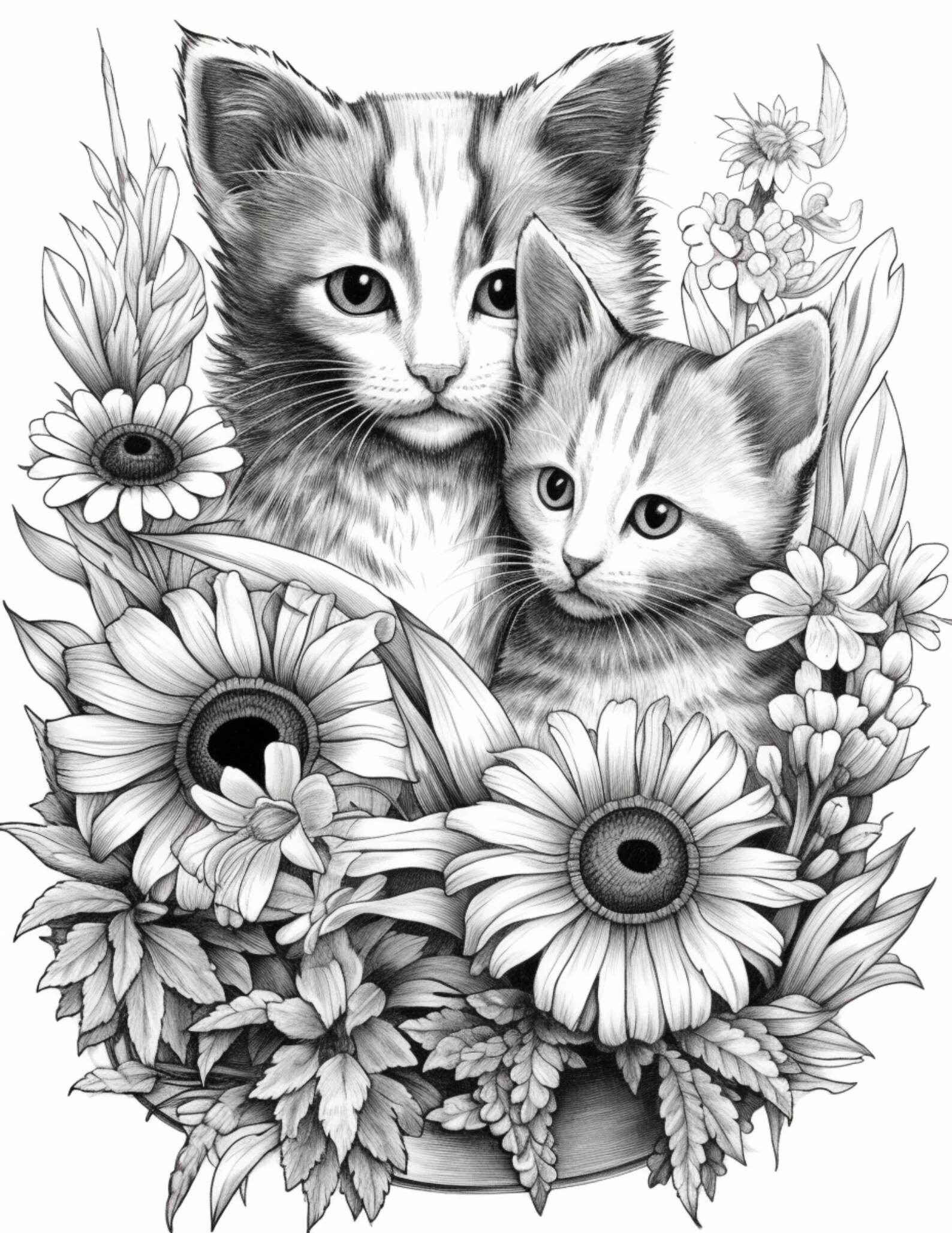 24 Cute Flower Cat Coloring Book, Adults Kids Coloring Pages, Instant ...