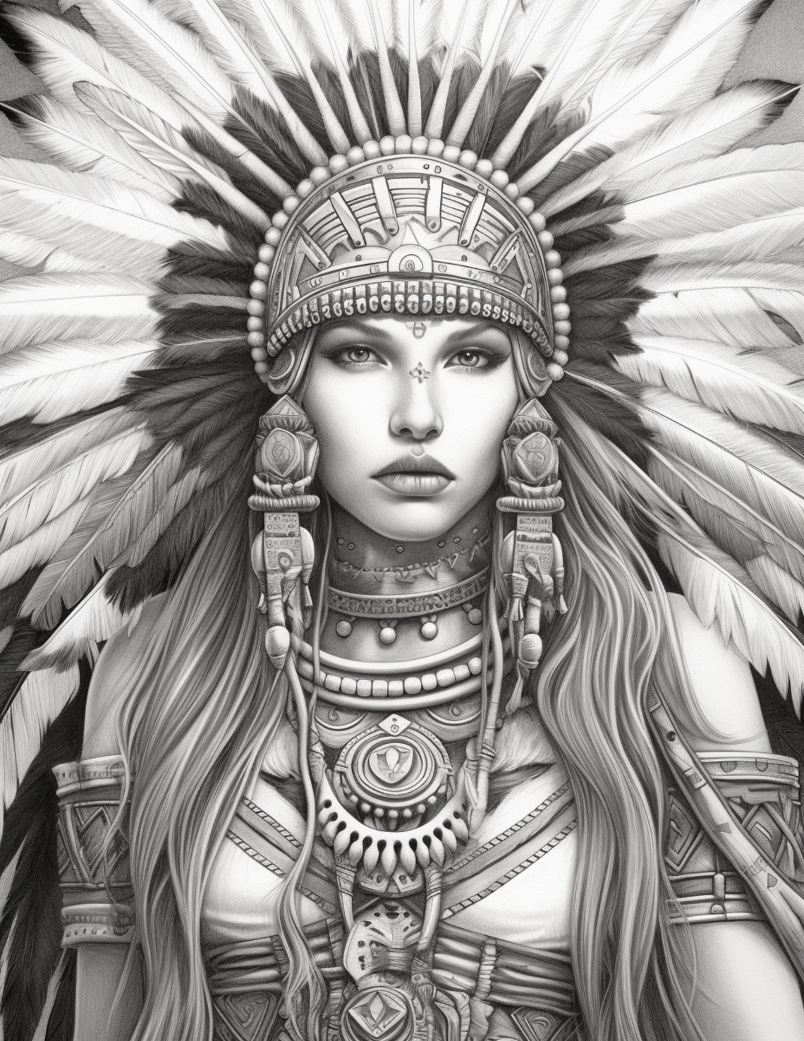 Native American Women Coloring Pages: Grayscale Art (printable PDF) - Etsy