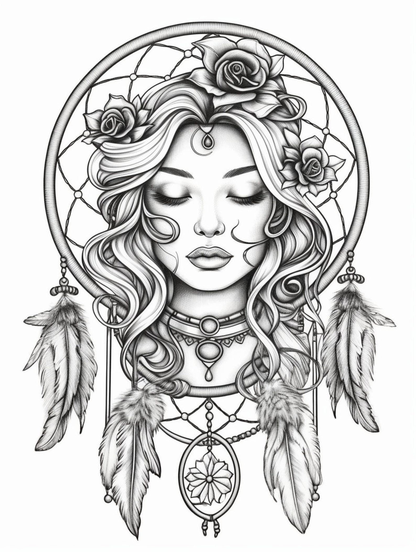 Dreamcatchers Coloring Book for Adults and Kids, Grayscale Coloring ...