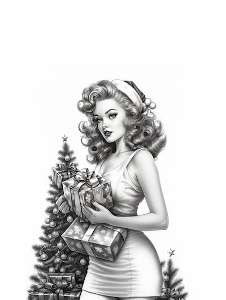 Vintage Christmas Pin up Coloring Book: 48 Grayscale Pages (printable ...