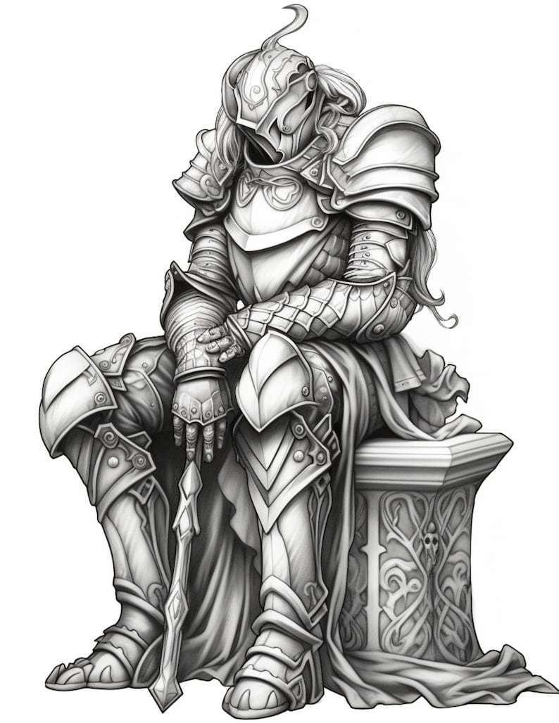 Knights Coloring Page for Adults and Teens, Grayscale Coloring Book ...