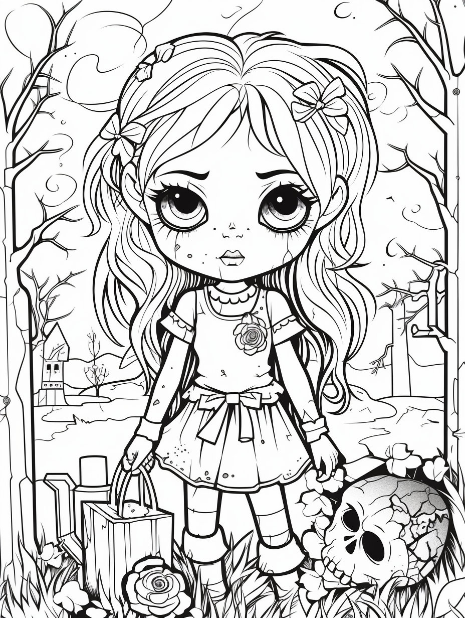 Horror Chibi Zombie Girl Coloring Book for Adults and Kids, Grayscale ...