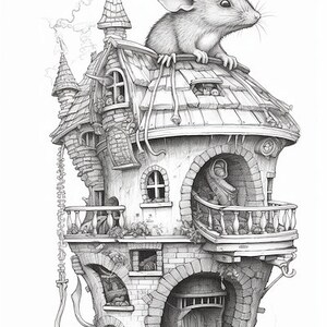 Magical Mouse House Coloring Book for Adults and Kids, Grayscale ...
