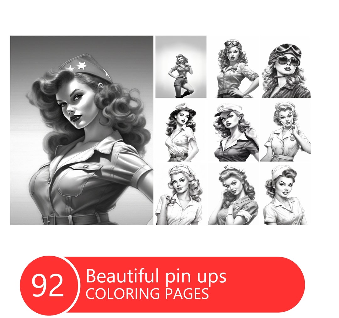 Vintage Pinup Coloring Book for Adults and Kids, Grayscale Coloring ...