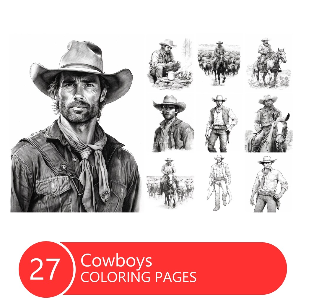 Cowboys Grayscale Coloring Book: Western Adventure (printable PDF File ...