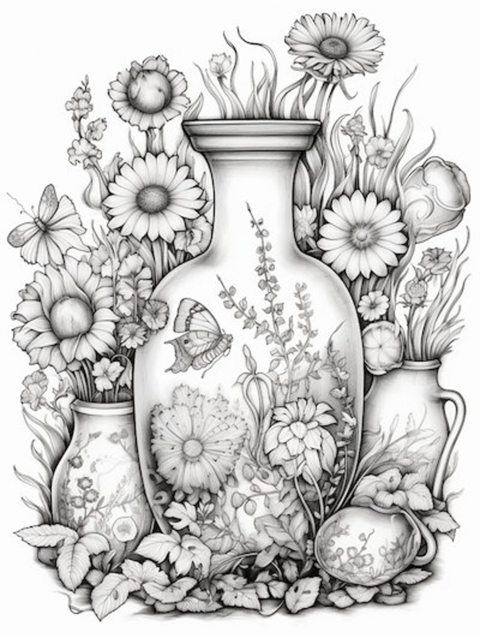 Jars and Flowers Coloring Book for Adults and Kids Grayscale - Etsy