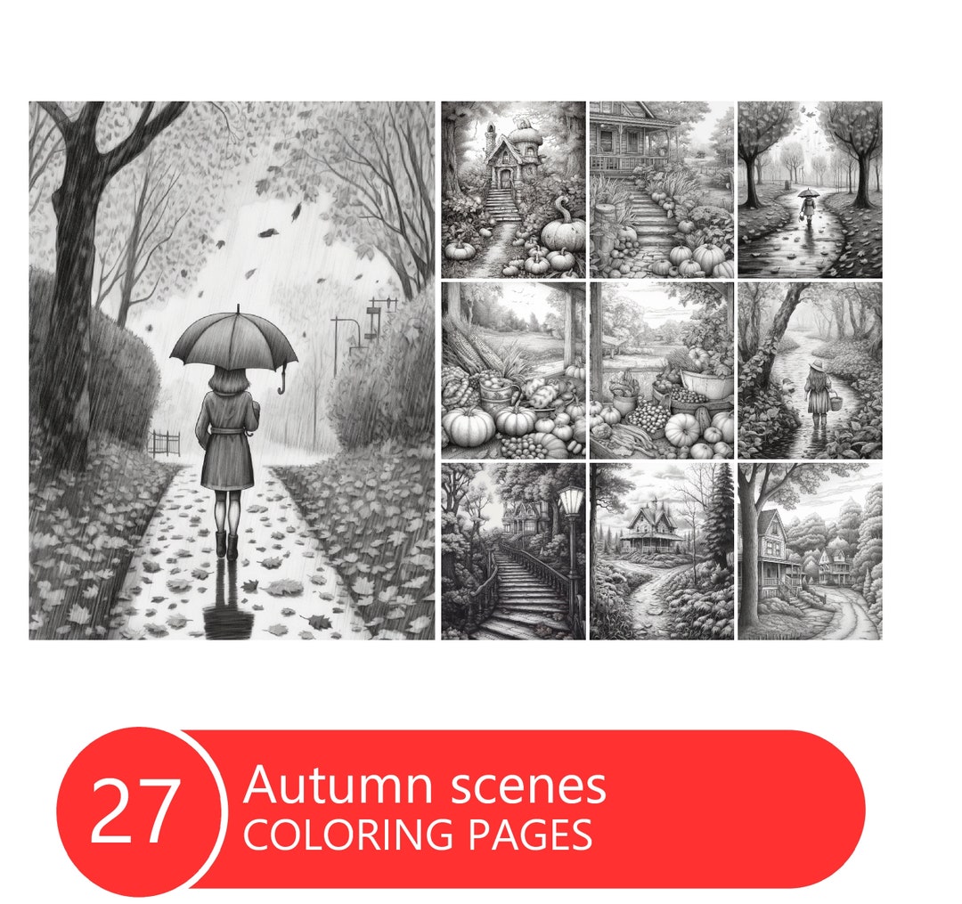 Autumn Scenes Coloring Book for Adults and Kids Grayscale - Etsy