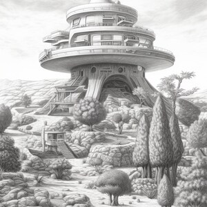 Futuristic Alien House Coloring Book for Adults and Kids, Grayscale ...