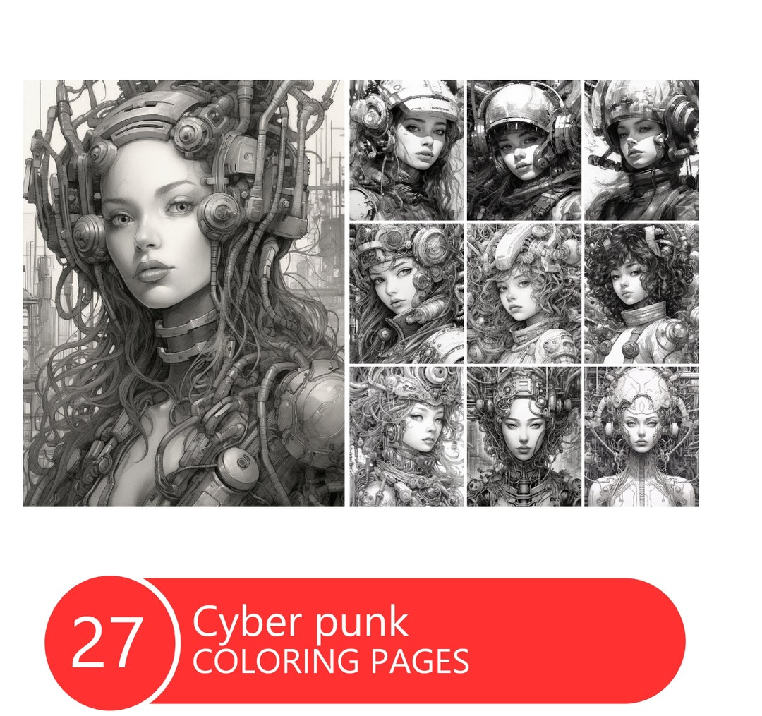 Futuristic Punk Coloring Page for Adults and Teens, Grayscale Coloring ...