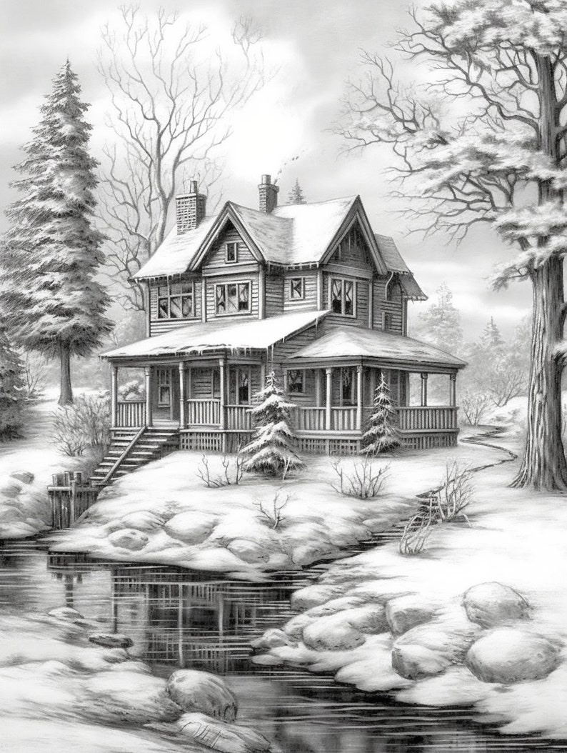 Winter Scenes Coloring Book for Adults and Kids Grayscale - Etsy