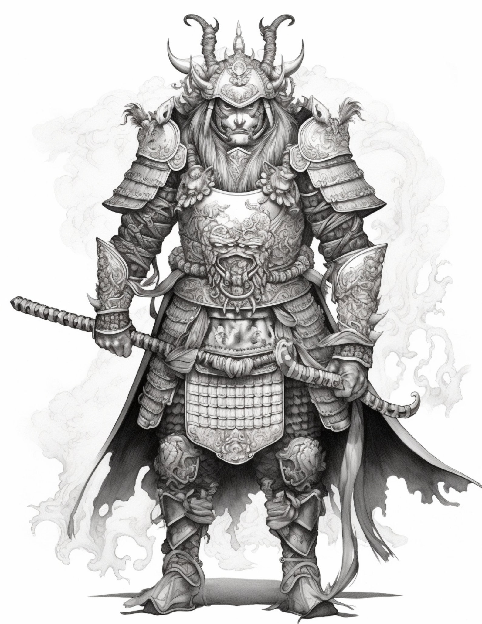 Samurai Warriors Coloring Page for Adults and Teens, Grayscale Coloring ...