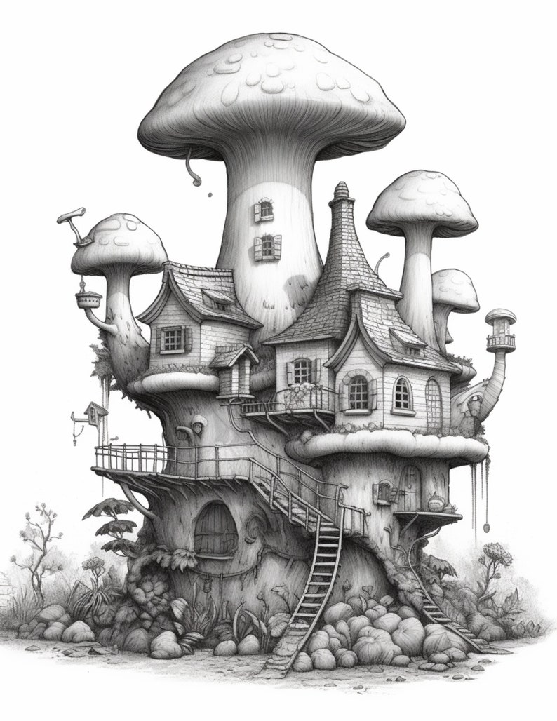 Mushroom House Grayscale Coloring Book: Whimsical Gardens (instant ...
