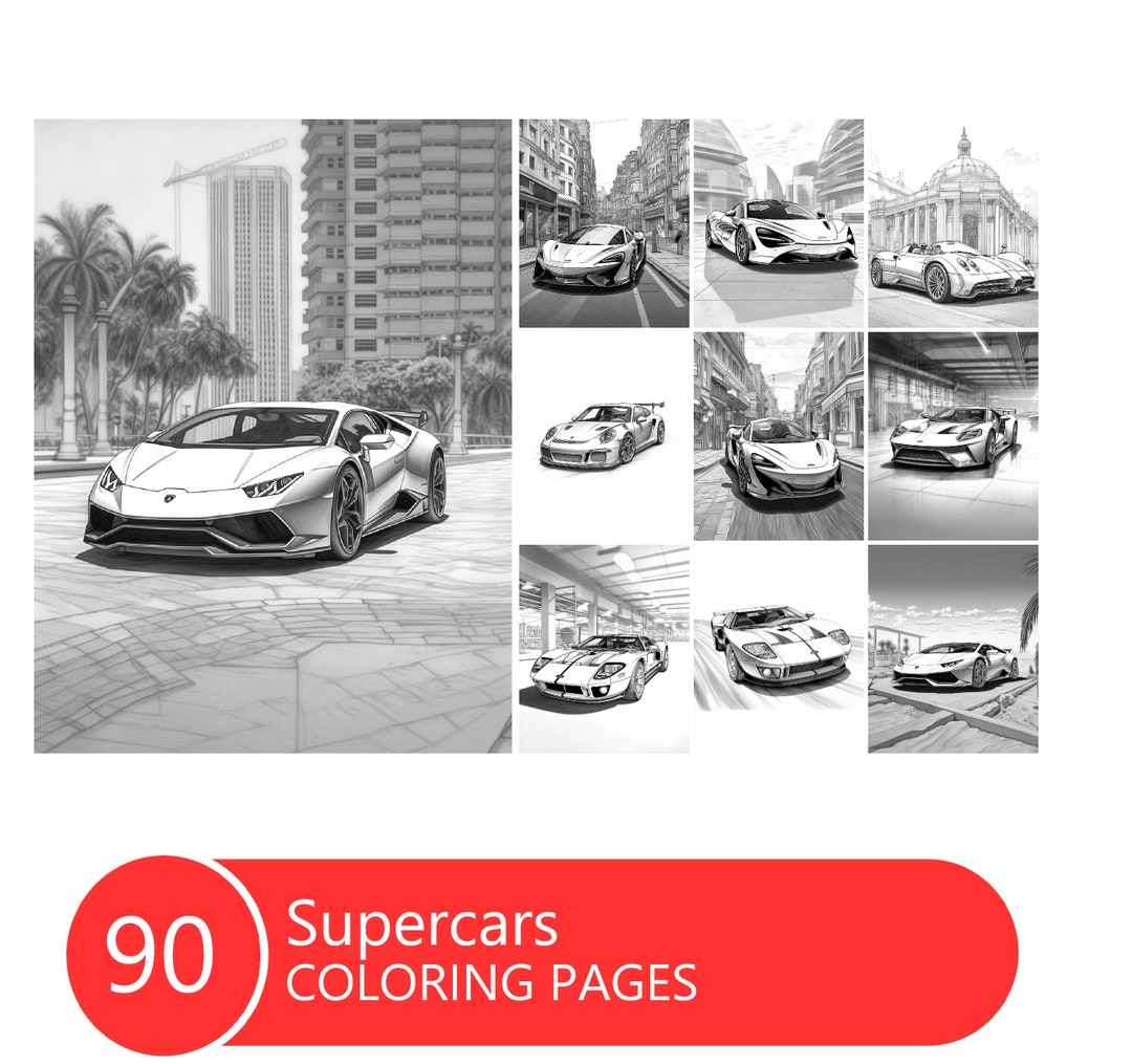 Supercars Coloring Book for Adults and Kids, Grayscale Coloring Pages ...