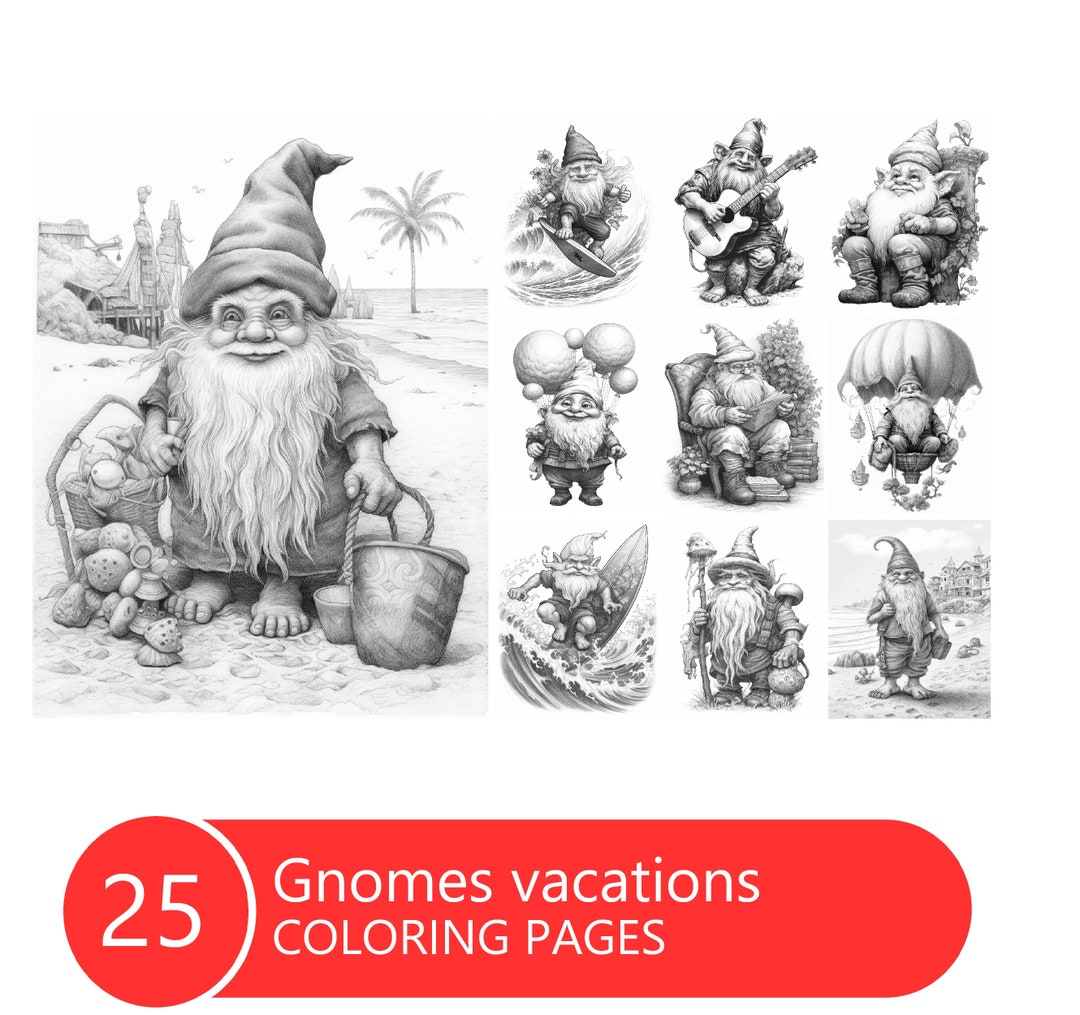 Gnomes Vacations Coloring Book: 25 Grayscale Pages (printable PDF) - Etsy