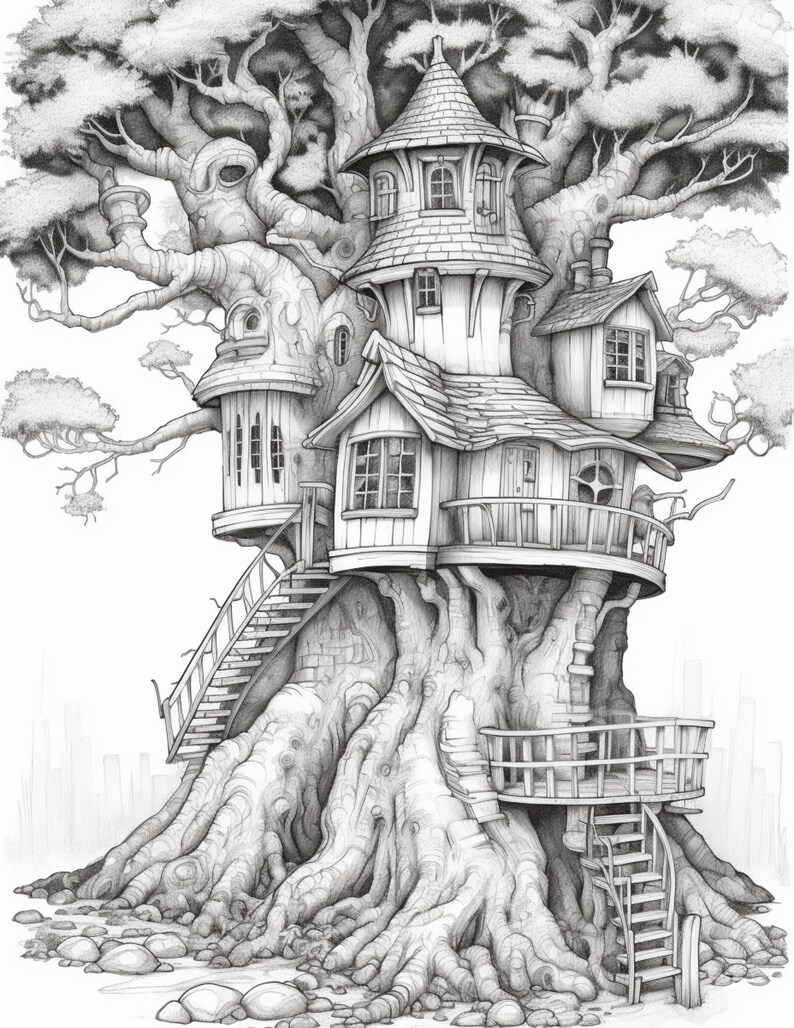 Enchanted Treehouse Coloring Page for Adults + Kids, Instant Download ...
