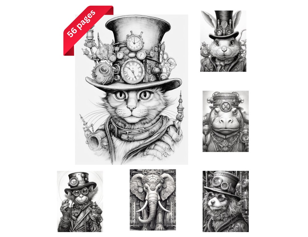 Steampunk Animals Coloring Book - Adults Kids Coloring Pages, Instant ...