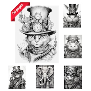 Steampunk Animals Coloring Book - Adults Kids Coloring Pages, Instant ...
