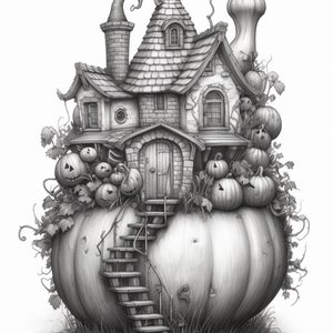 Pumpkin House Grayscale Coloring Book: 44 Printable Pages (PDF) - Etsy
