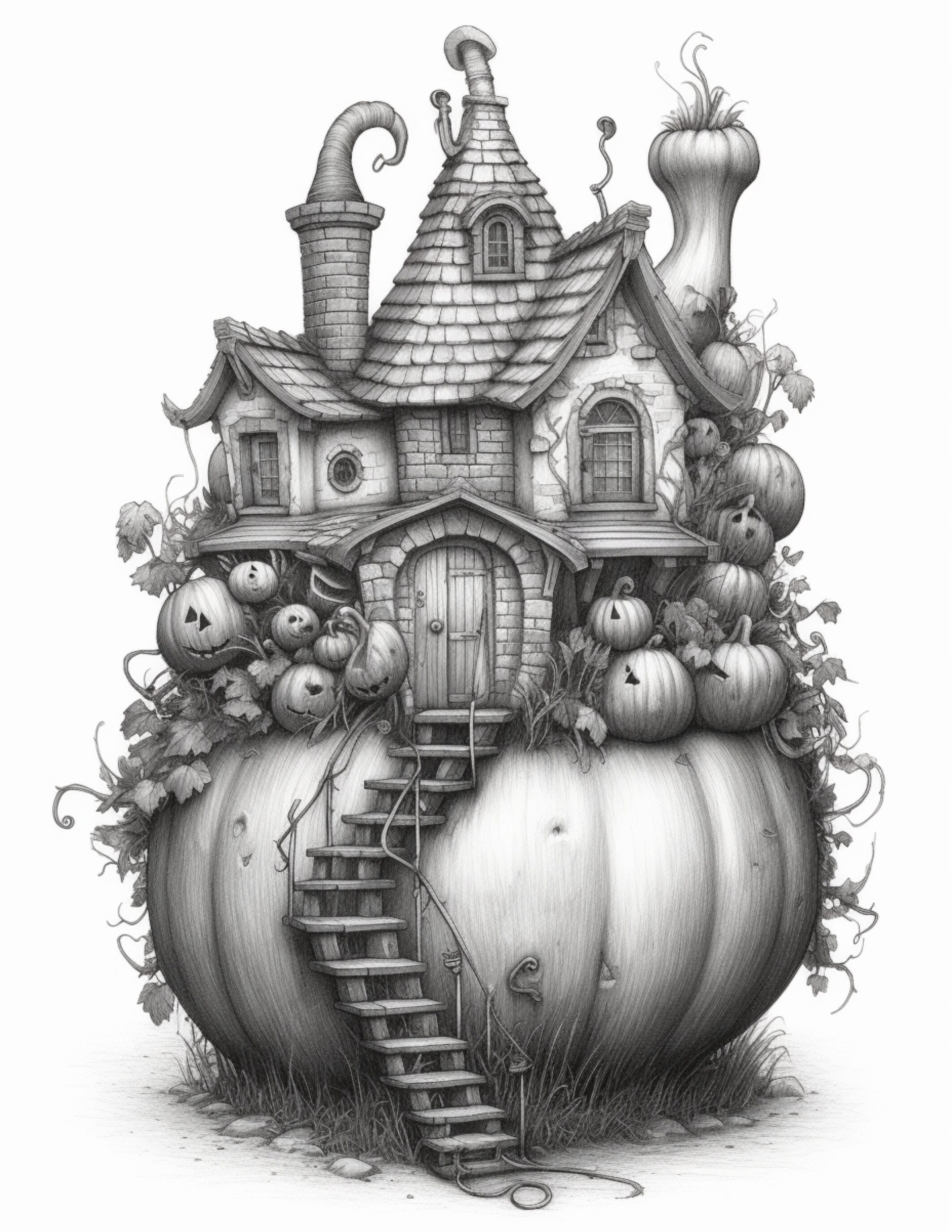 Pumpkin House Grayscale Coloring Pages Adults and Kids - Etsy
