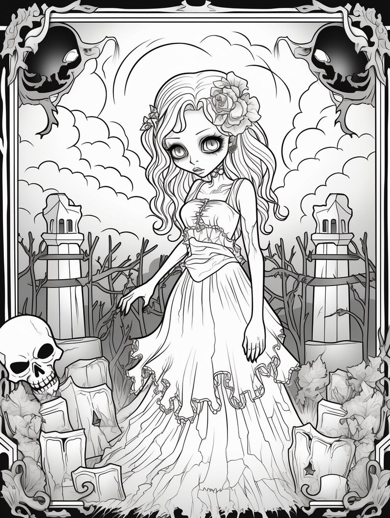 Horror Chibi Zombie Girl Coloring Book for Adults and Kids, Grayscale ...
