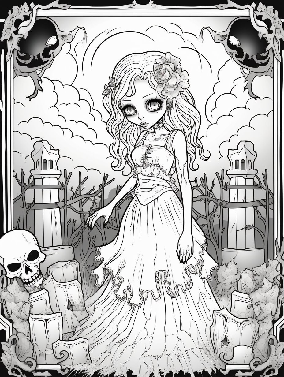 Horror Chibi Zombie Girl Coloring Book: Grayscale Illustrations ...