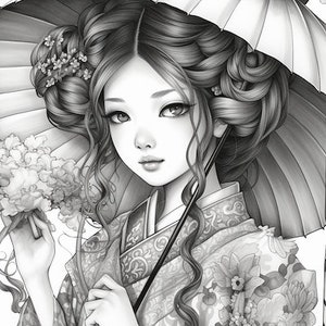 Anime Kimono Girls Coloring Book for Adults and Kids, Grayscale ...