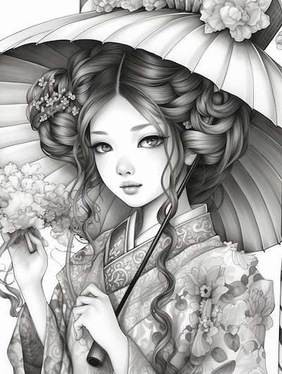 Anime Kimono Girls Coloring Book for Adults and Kids, Grayscale ...