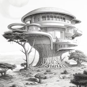 Futuristic Alien House Coloring Book for Adults and Kids, Grayscale ...
