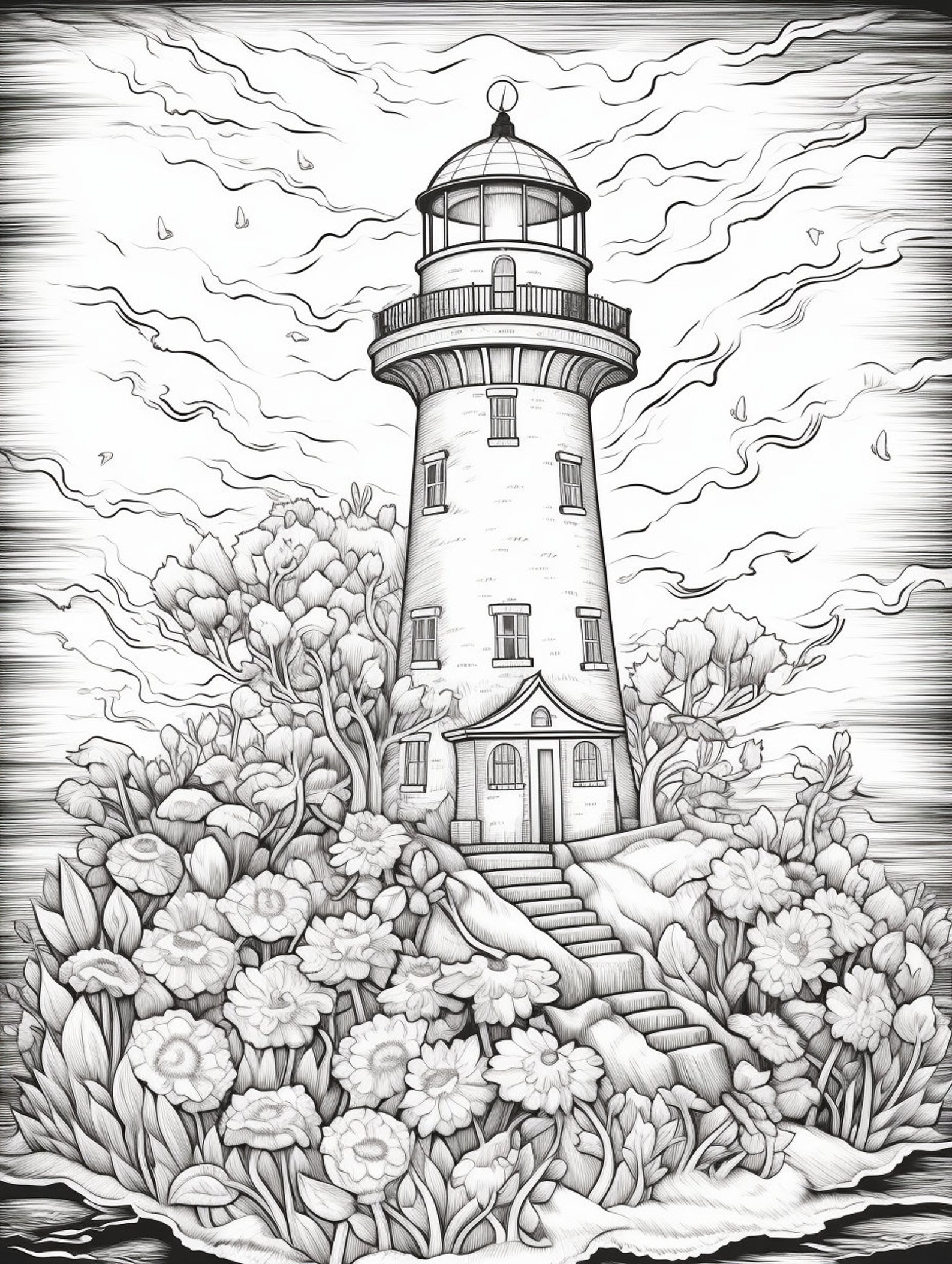 Lighthouses Coloring Book for Adults and Kids, Grayscale Coloring Pages ...