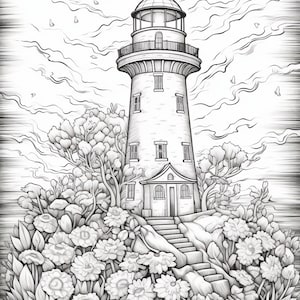 Lighthouses Coloring Book for Adults and Kids, Grayscale Coloring Pages ...