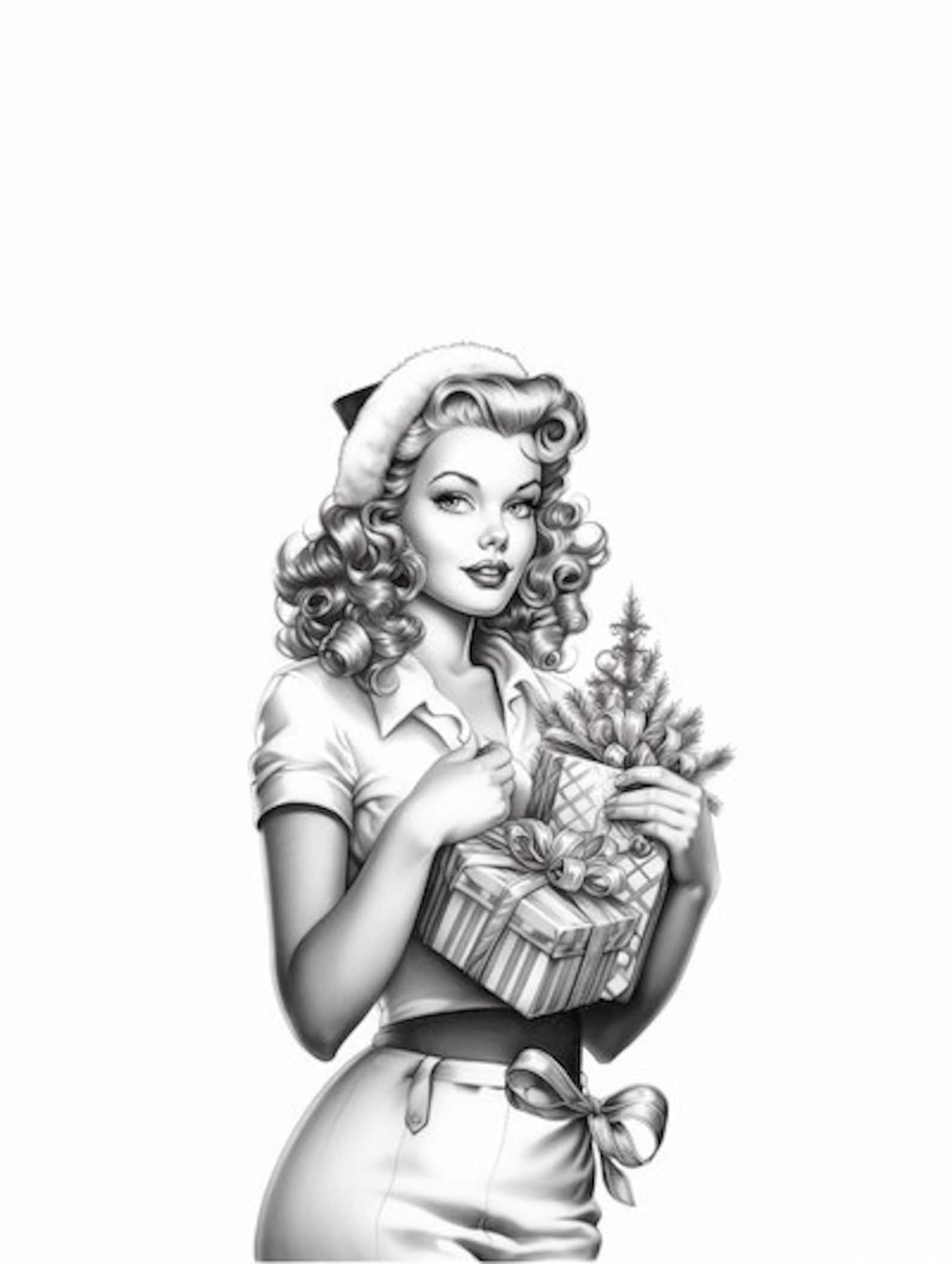 Vintage Christmas Pin up Coloring Book: 48 Grayscale Pages (printable ...