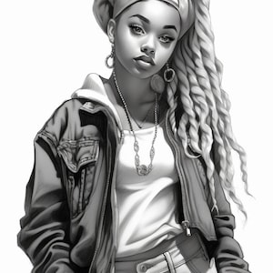 Hip Hop Girls Coloring Book for Adults and Kids, Grayscale Coloring ...