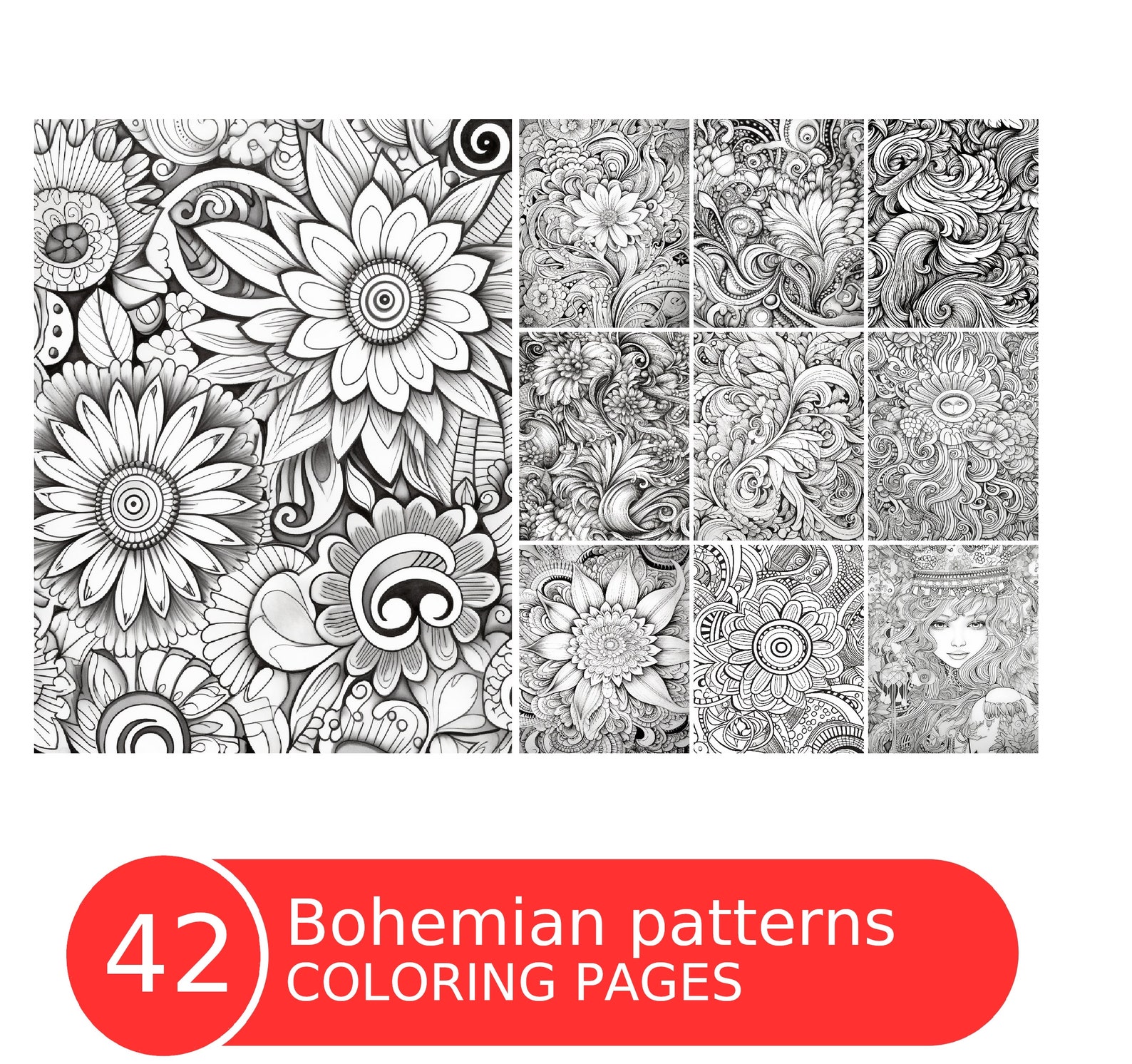 Boho Patterns Coloring Book for Adults and Kids, Grayscale Coloring ...