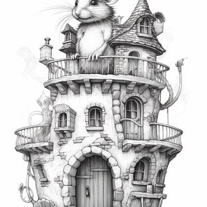 Magical Mouse House Coloring Book for Adults and Kids, Grayscale ...