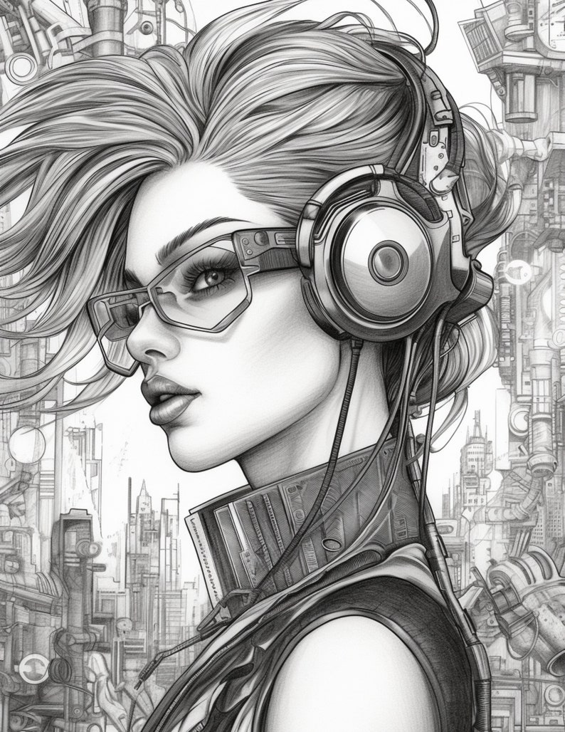 Futuristic Punk Coloring Page for Adults and Teens Grayscale - Etsy
