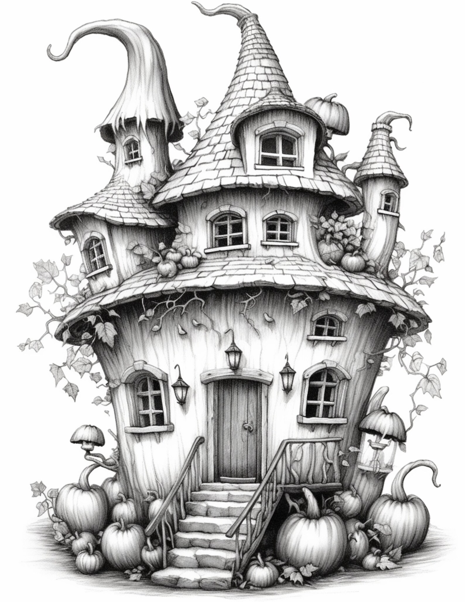 Pumpkin House Grayscale Coloring Pages Adults and Kids - Etsy