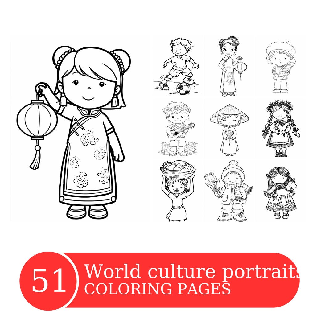 World Cultures Portraits Coloring Book: Grayscale Printable Pages (PDF ...