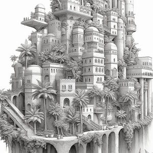 Hanging Gardens of Babylon Coloring Book: 28 Grayscale Pages (printable ...