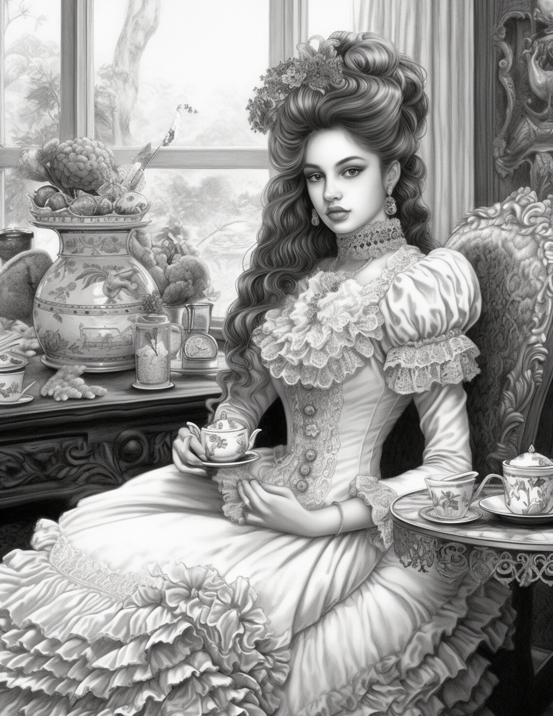 Victorian Women Coloring Pages for Adults and Teens Grayscale - Etsy