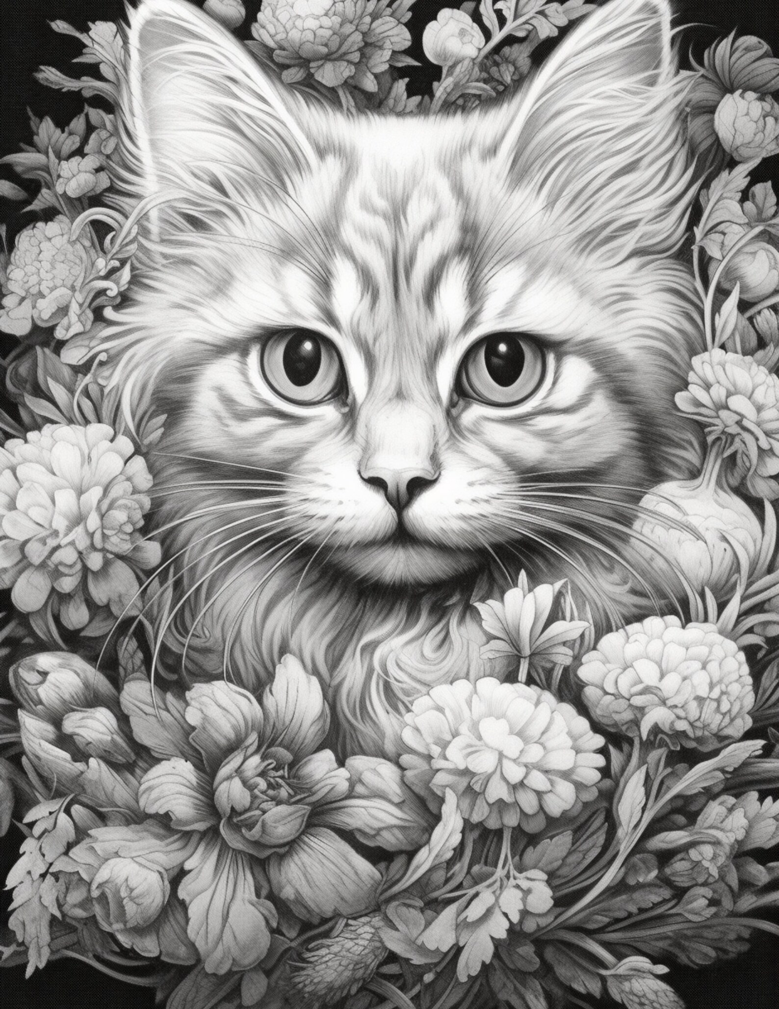 24 Cute Flower Cat Coloring Book, Adults Kids Coloring Pages, Instant ...