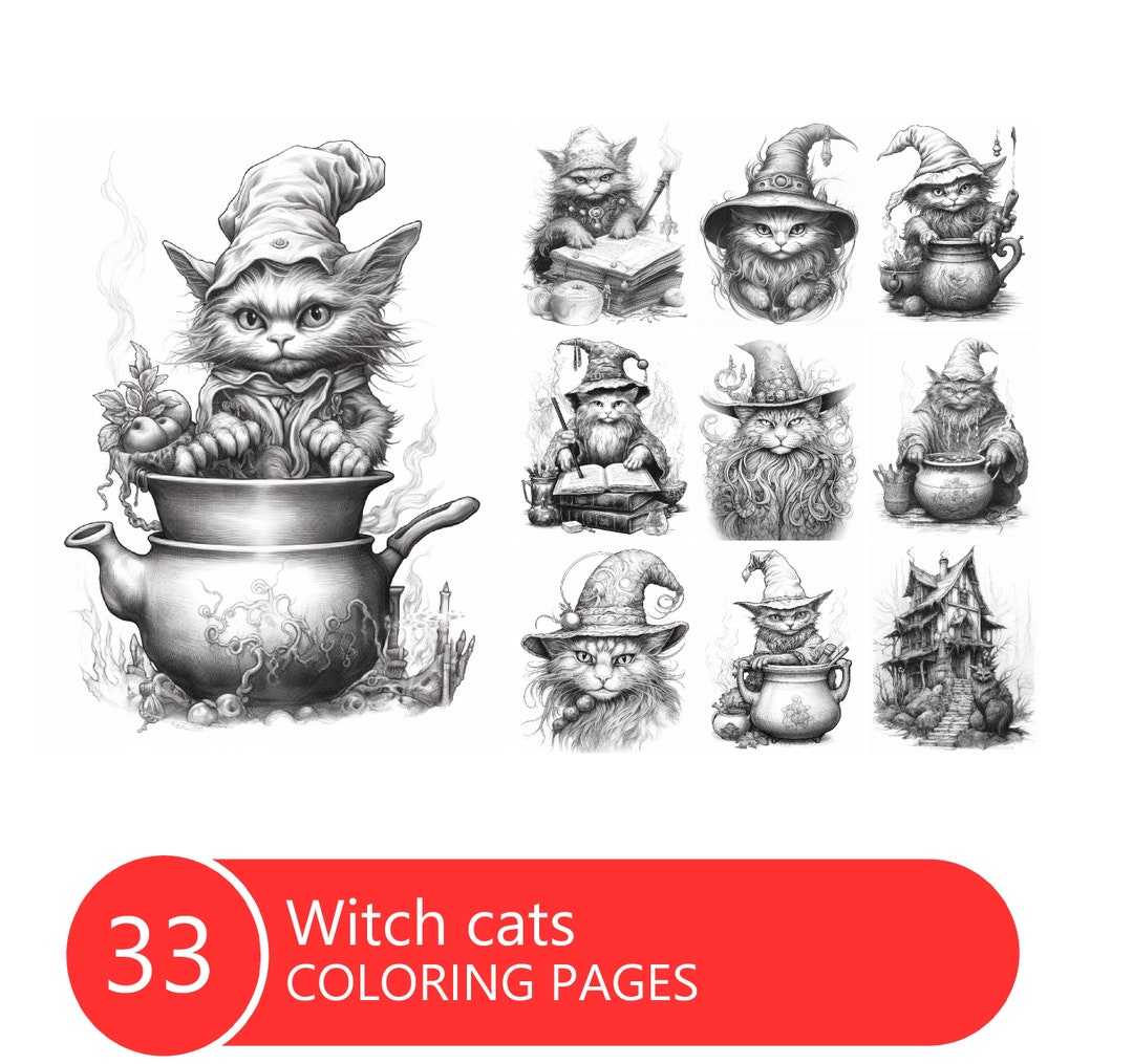Witch Cats Coloring Book for Adults and Kids, Grayscale Coloring Pages ...