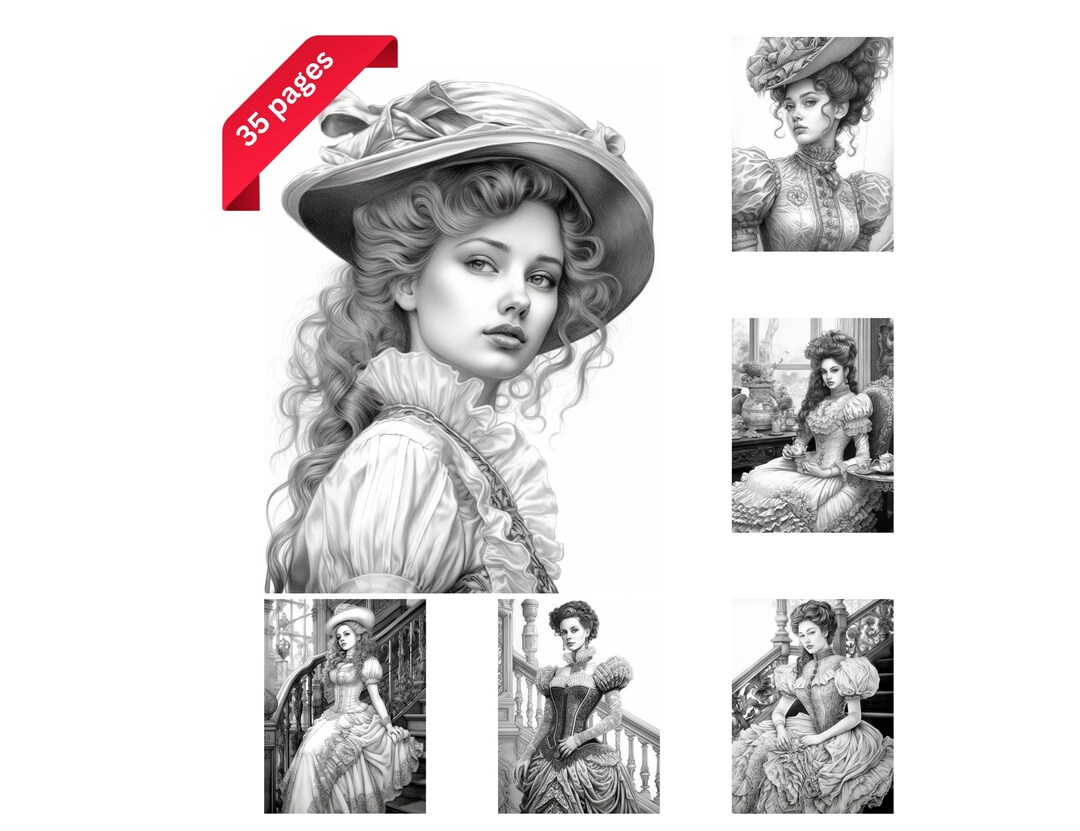 Victorian Women Grayscale Coloring Book: Relaxing Illustrations ...