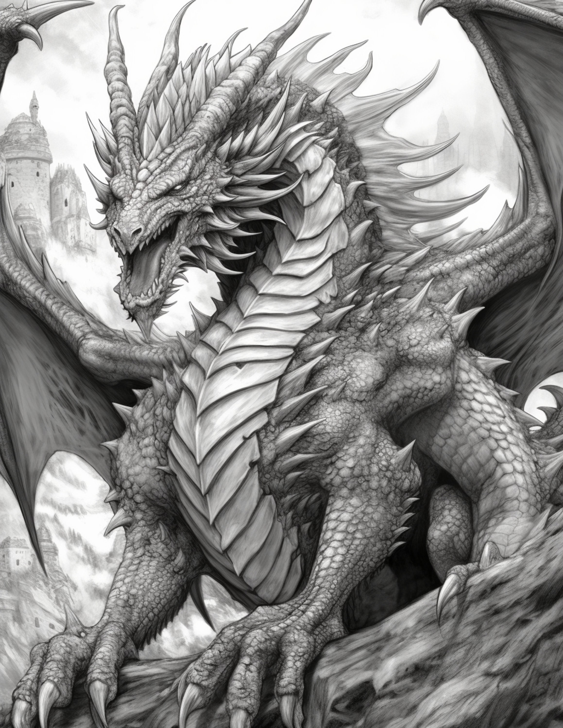 Dragons Coloring Page for Adults and Teens, Grayscale Coloring Book ...