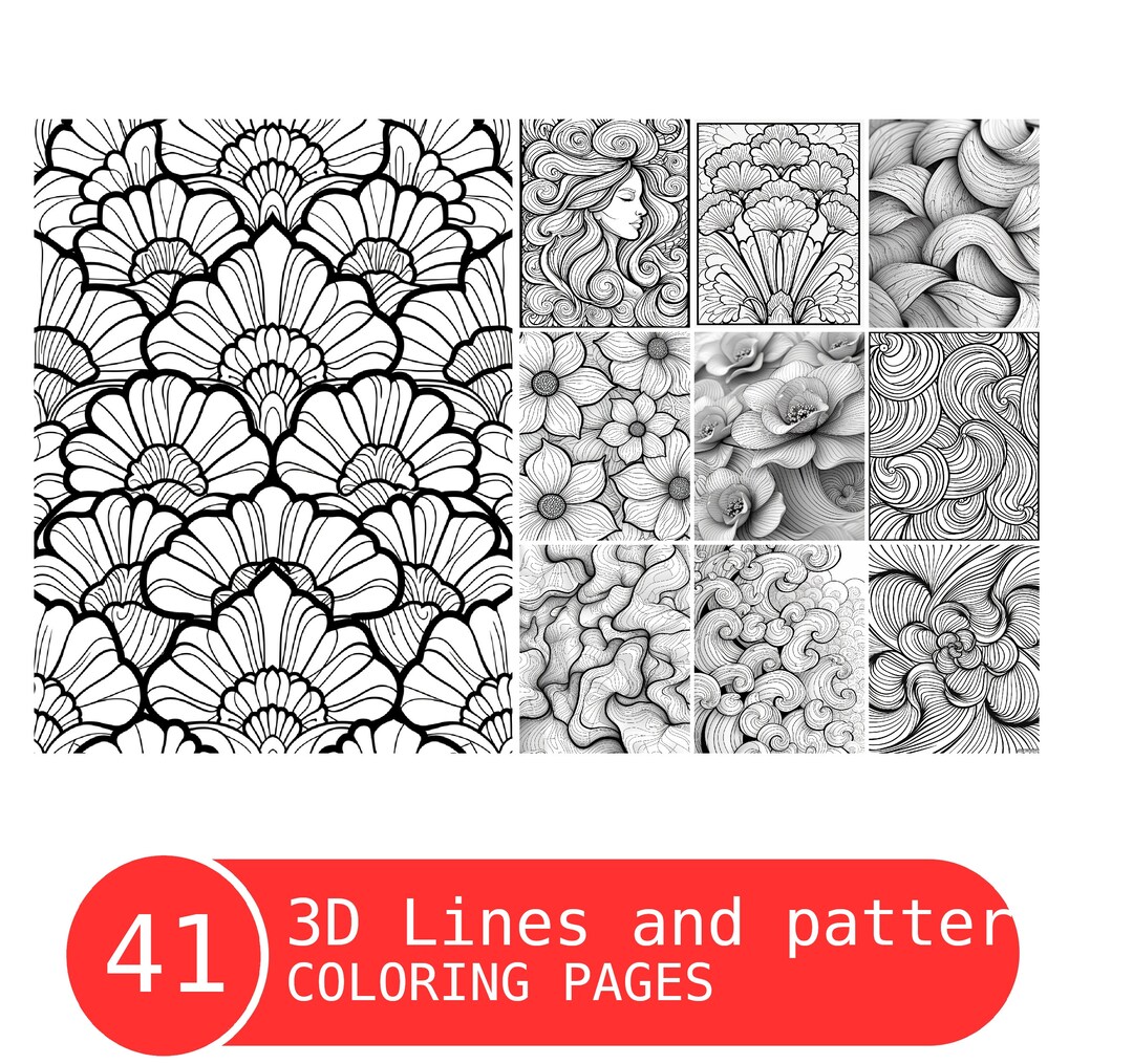3D Lines and Patterns Coloring Book for Adults and Kids, Grayscale ...