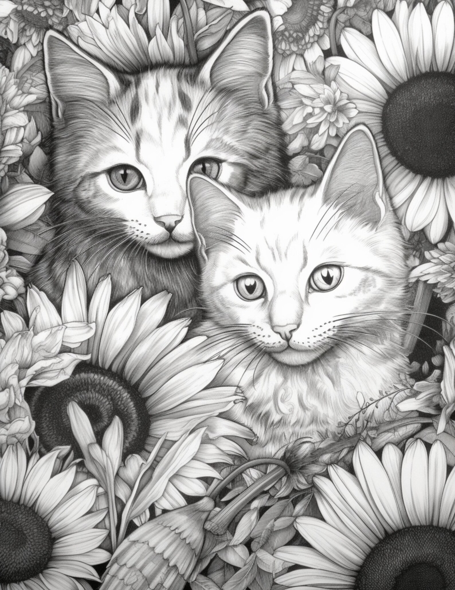 24 Cute Flower Cat Coloring Book, Adults Kids Coloring Pages, Instant ...